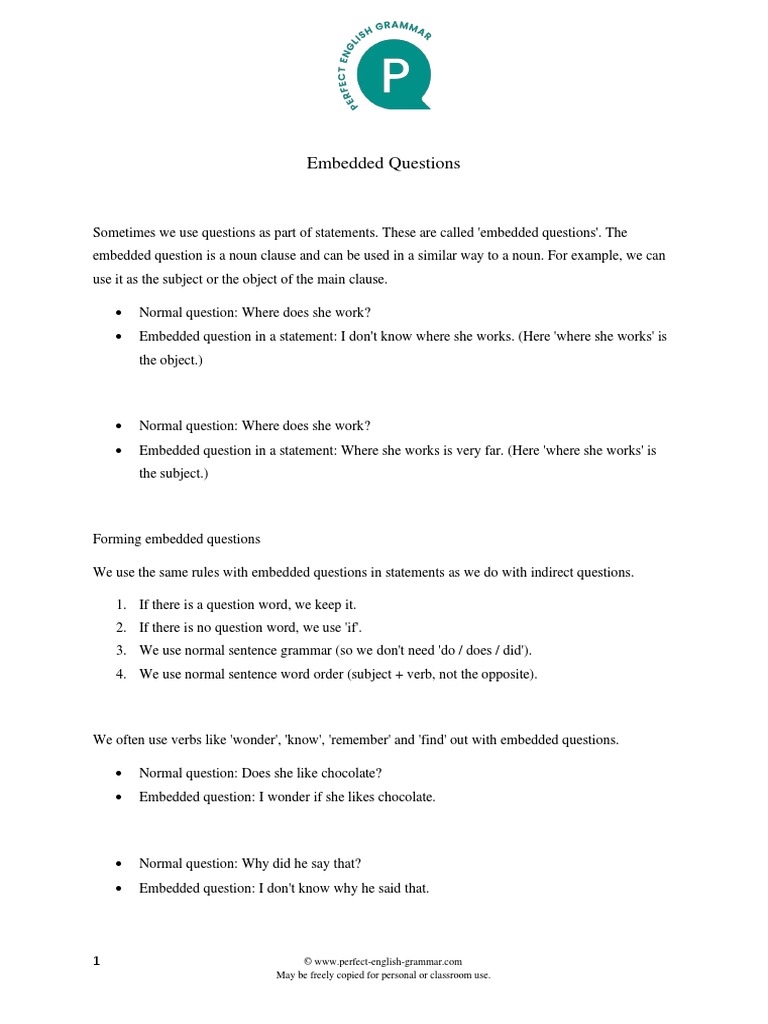 Perfect English Grammar - Embedded Questions | PDF | Question | Subject (Grammar)