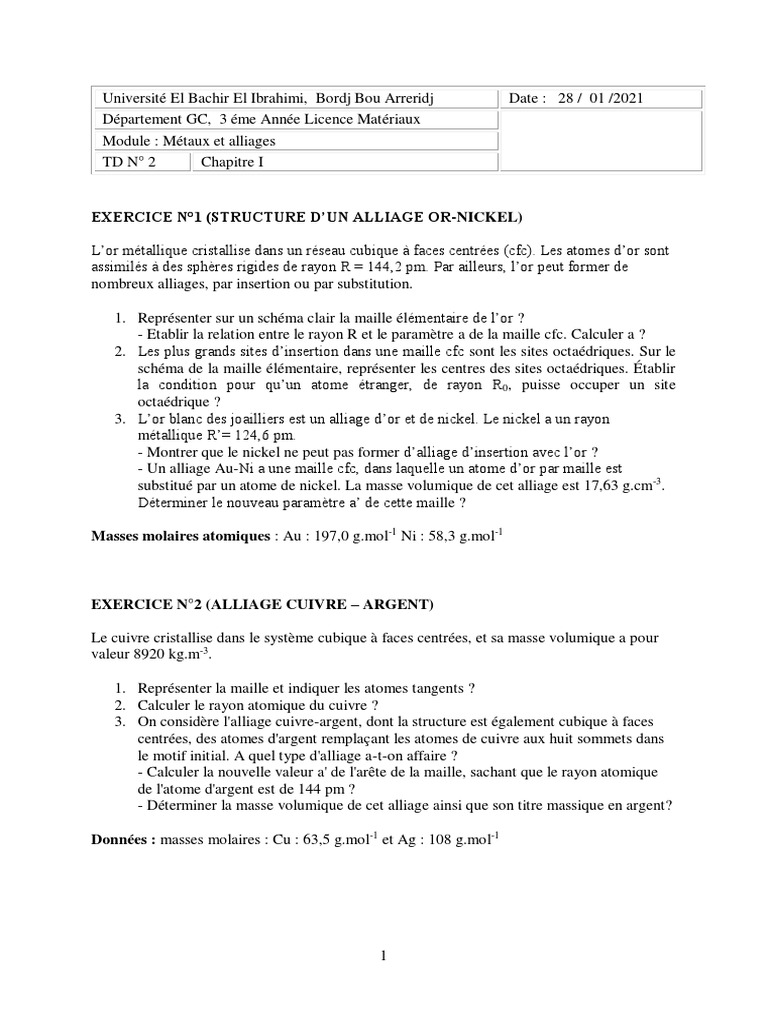TD N°2 Chapitre I Métaux Et Alliage - Corrigé 2020 2021 | PDF | Alliage ...