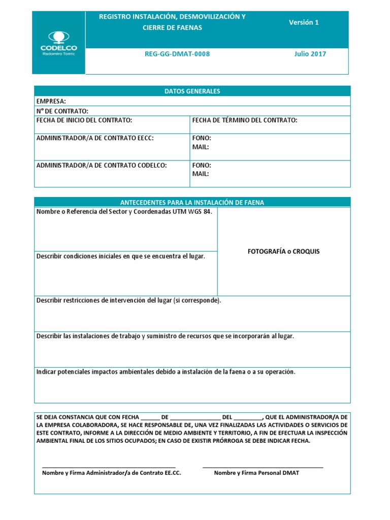 REG-GG-DMAT-0008 - Instalación, Desmovilización y Cierre de Faena - V1 ...
