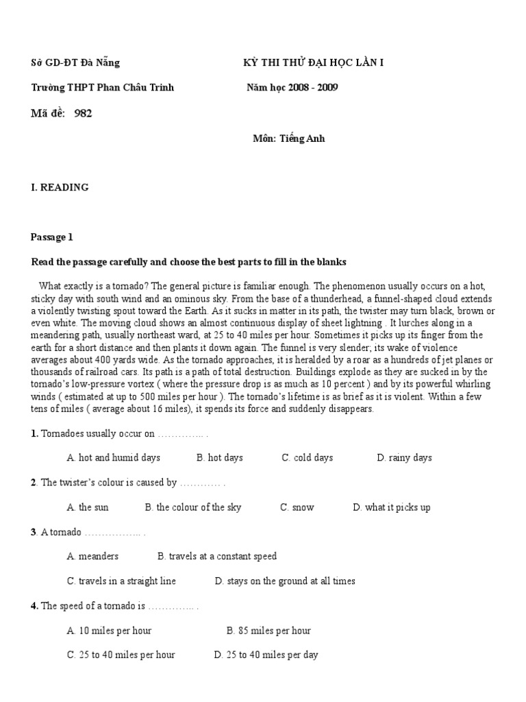 De Thi Thu DH Lan 1 Nam Hoc 2008 - 2009 Mon Tieng Anh Ma de 982 Va Dap An | PDF