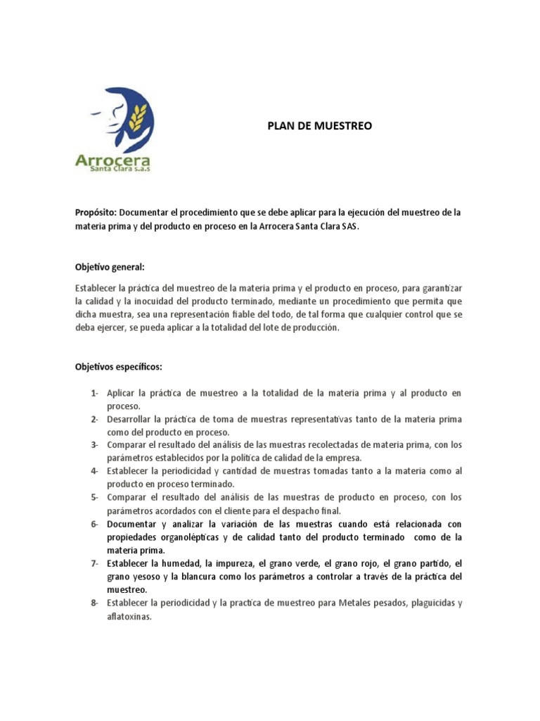 Plan de Muestreo | PDF | Alimentos | Cereales