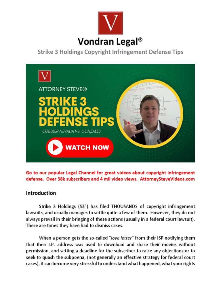 Strike 3 Holdings Copyright Infringement Defense Tips | PDF | Lawsuit ...