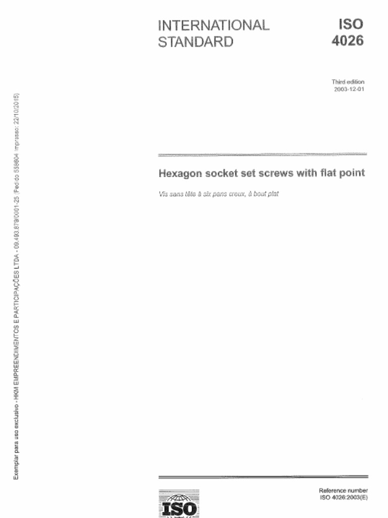 ISO 4026 - 2003 - Hexagon Socket Set Screws With Flat Point | PDF