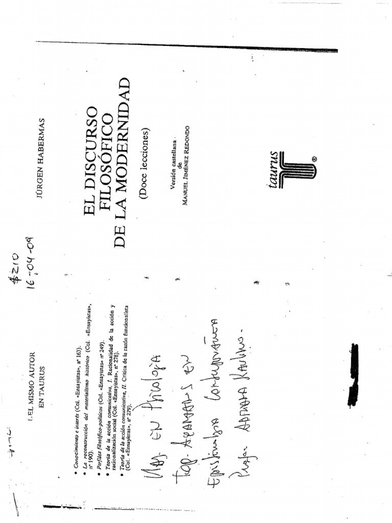 El Discurso Filosofico de La Modernidad. J. Habermas | PDF