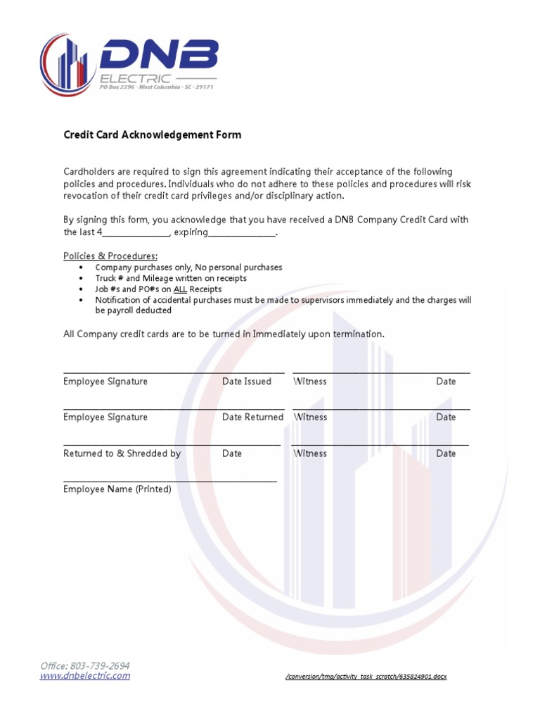 Credit Card Acknowledgement Form | PDF
