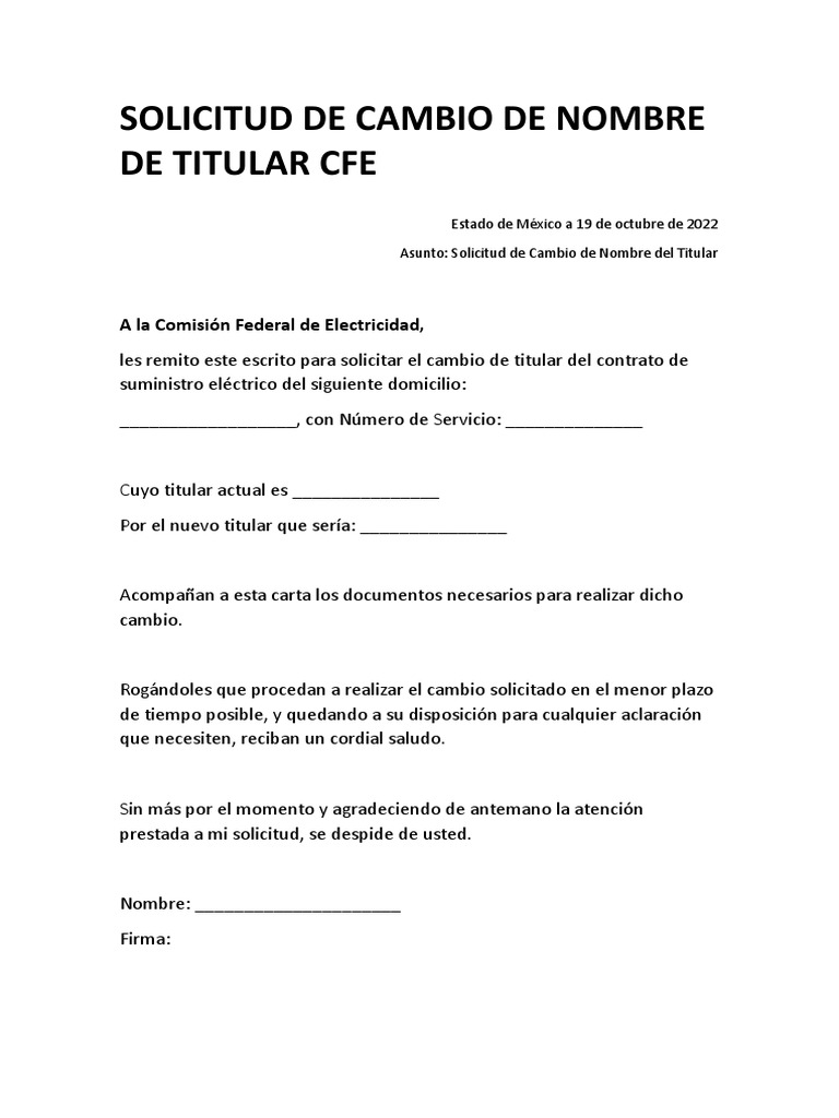 Modelo de Carta de Solicitud de Cambio de Nombre Cfe | PDF