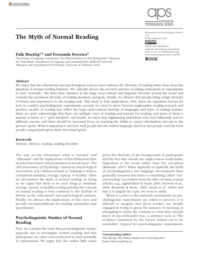 The Myth of Normal Reading - Huetting | PDF | Writing | Cognitive Science