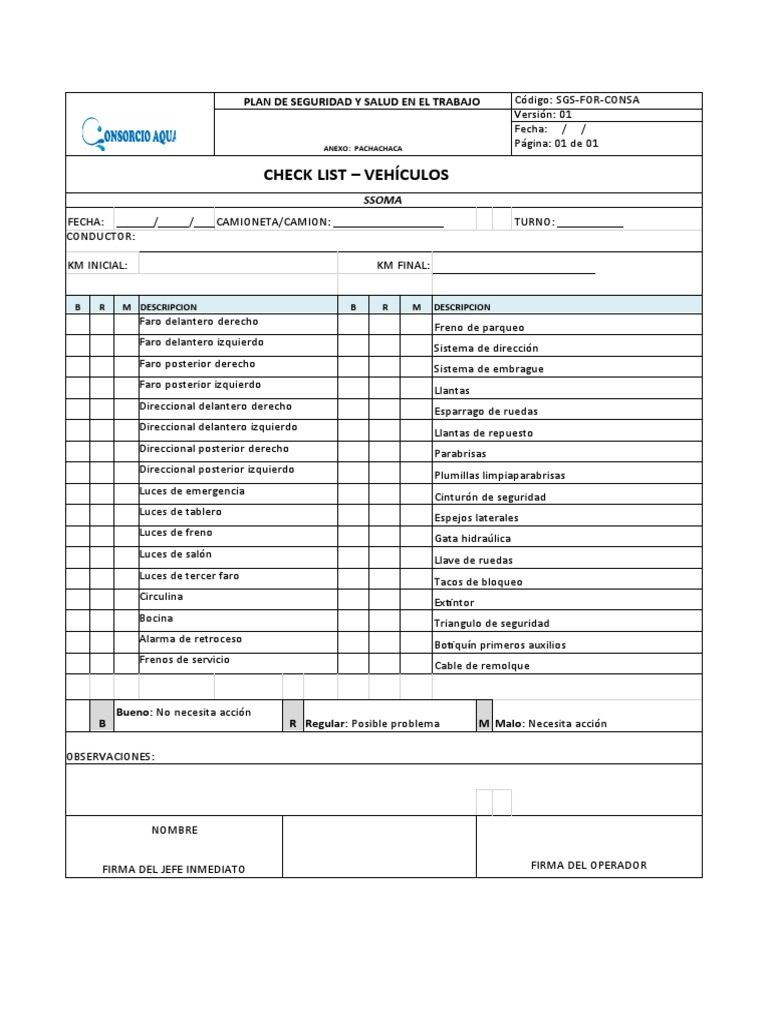 Formato de Check List Camioneta | PDF | Estilos de carrocería | Bienes ...