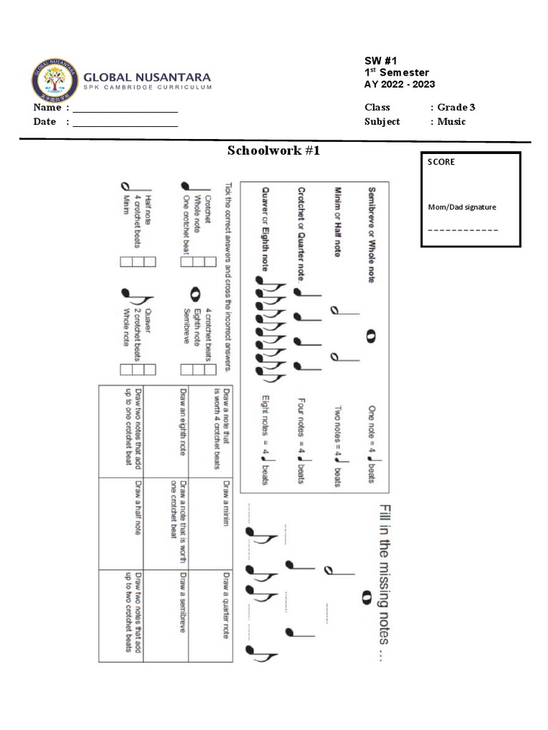 Schoolwork #1 Whole Note & Rest and Four Sixteenth Notes | PDF