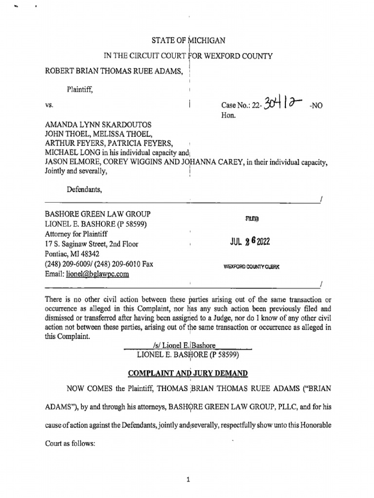 Civil Lawsuit Filed by Brian Adams | PDF