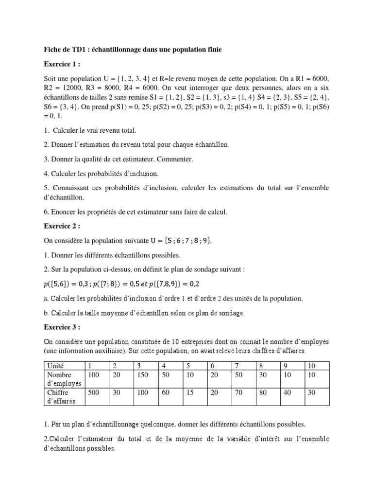 Fiche de TD1: Échantillonnage Dans Une Population Finie Exercice 1 | PDF | Estimateur ...