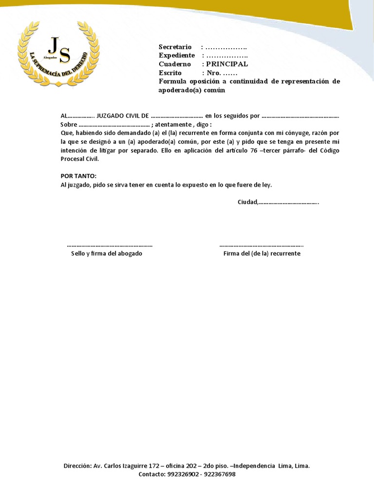 Escrito de Oposicion A La Continuidad de La Represnetacion Del ...