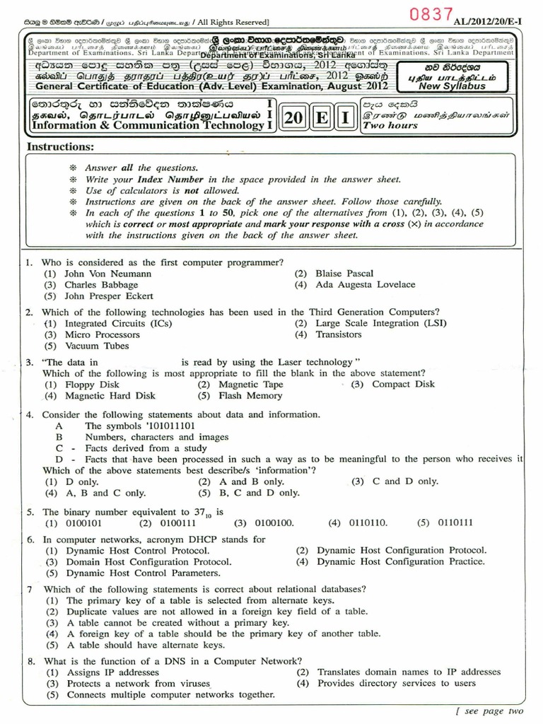 2012 AL ICT MCQ English at Apepanthiya - LK | PDF | Sql | Relational ...