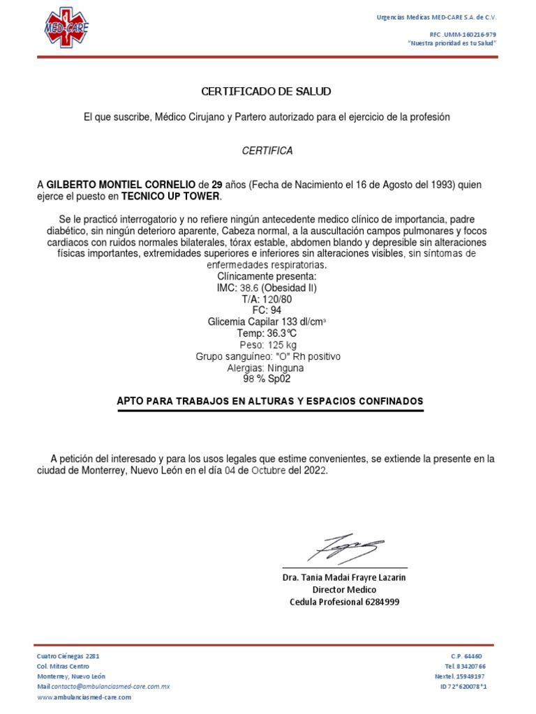 Certificado de Salud Gilberto Montiel | PDF | Salud pública | Cuidado ...