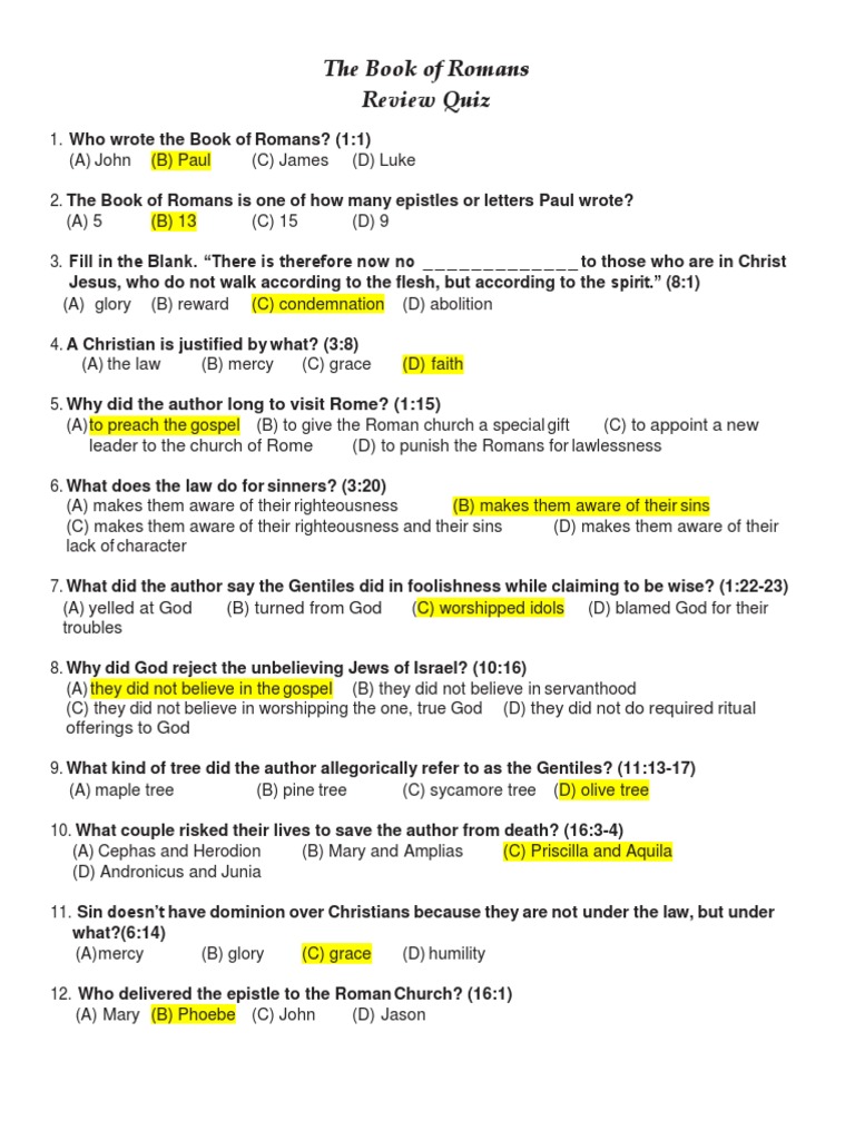 TheBookofRomansQUIZANSWERS January152019 | PDF | Epistle To The Romans ...