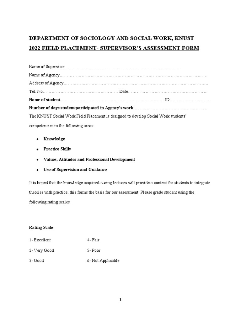 KNUST Social Work Field Assessment Form | PDF | Social Work | Learning