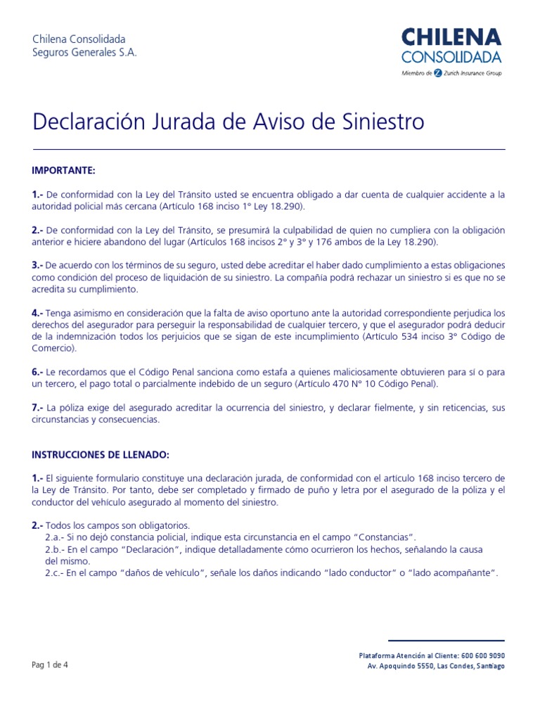 Declaracion Jurada de Aviso de Siniestro - VeHICULO 2019. | PDF | Póliza de seguros | Seguro