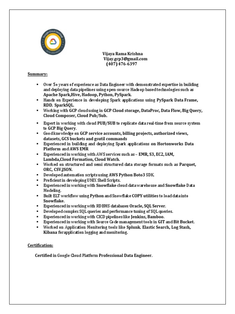 Dice Resume CV Vijay Krishna | PDF | Apache Hadoop | Apache Spark
