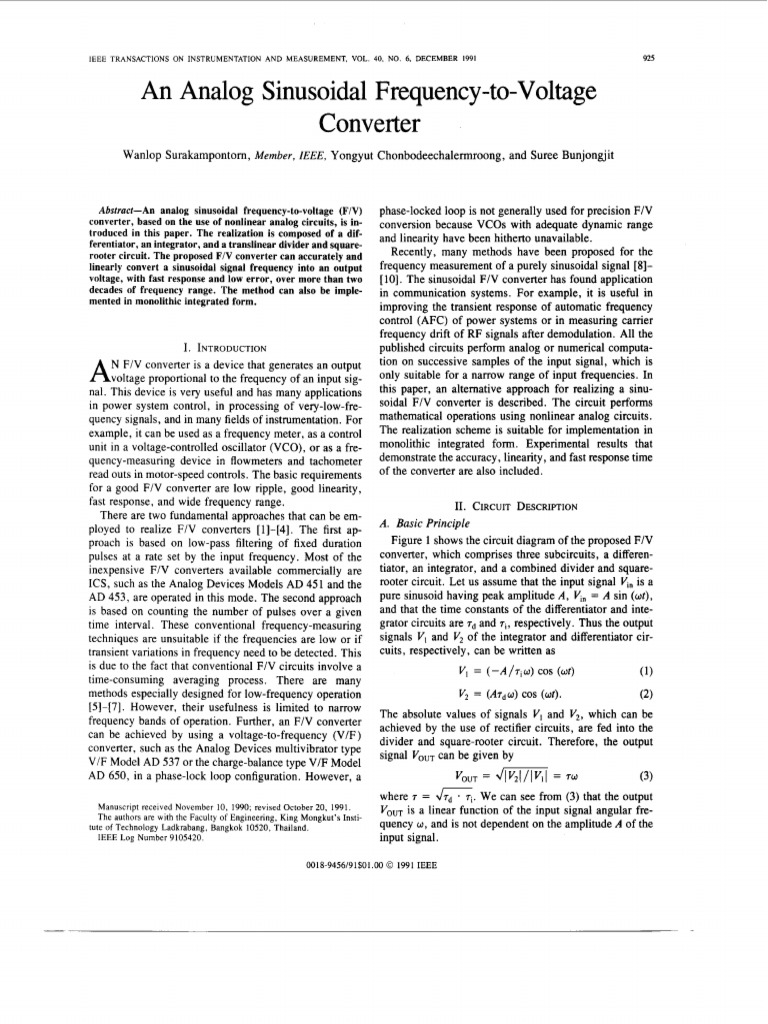 An Analog Sinusoidal Frequency-To-Voltage Converter | PDF | Operational Amplifier | Electronic ...