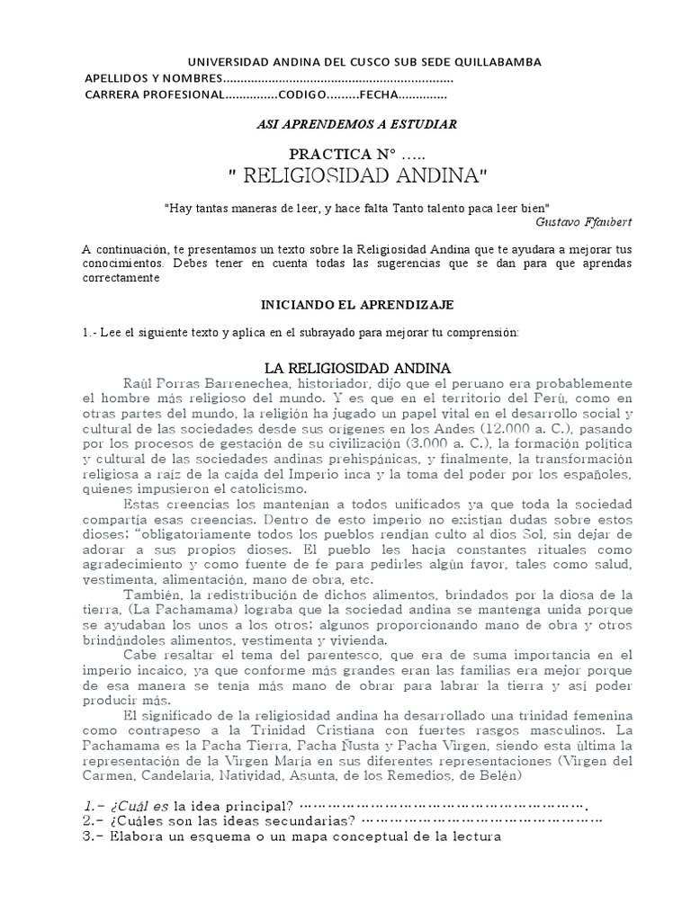 Practica Sobre Religiosidad Andina | PDF | Sociedad | Perú