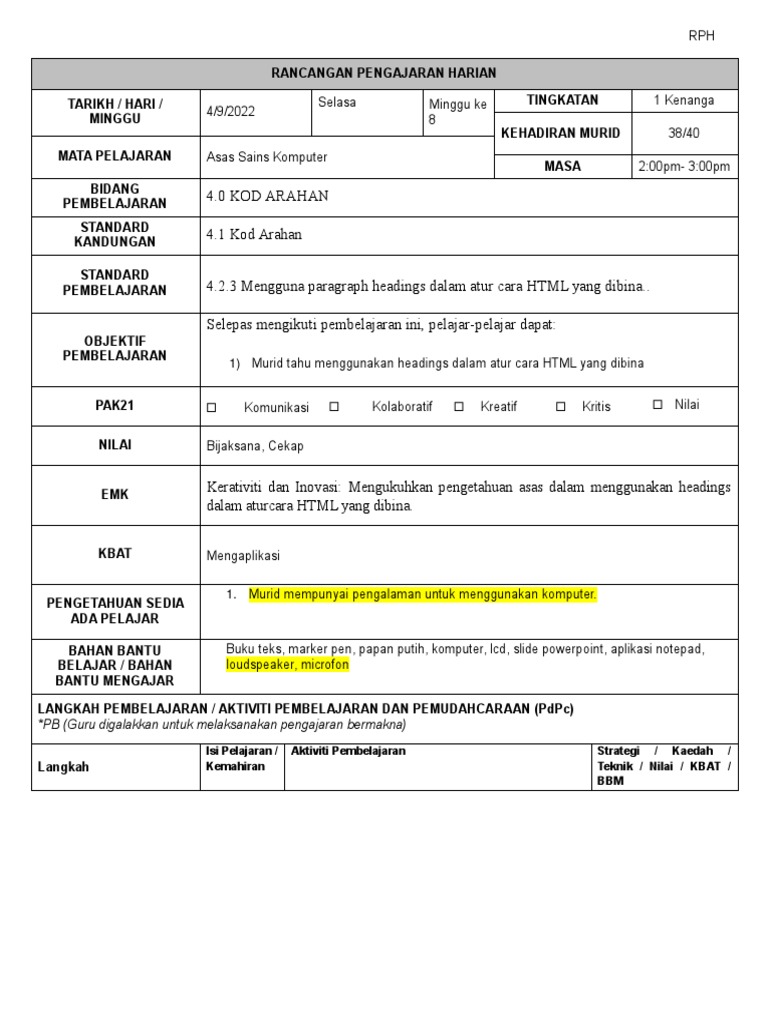 RPH - Ask 4.2.3 1cempaka - Penambahbaikan | PDF