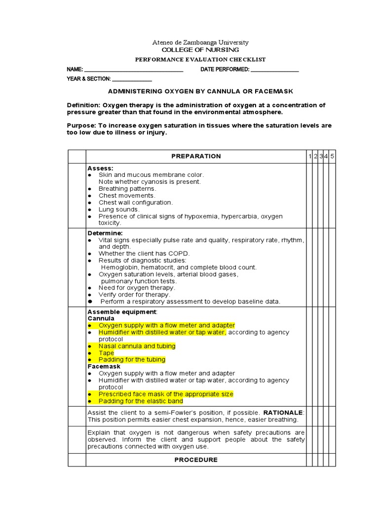 RLE-Checklist-Administering-Oxygen-by-Cannula-or-Facemask | PDF ...