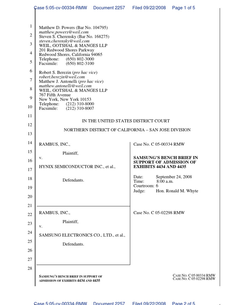 Samsung'S Bench Brief in Support of Admission of EXHIBITS 4434 AND 4435 ...