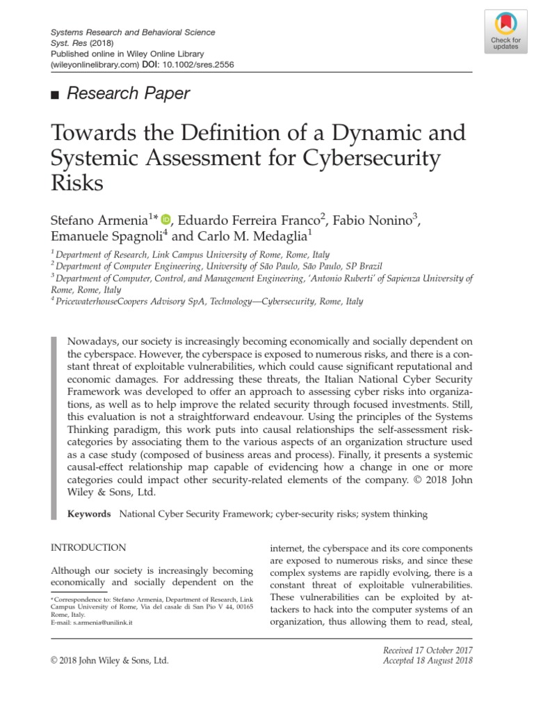 Towards The Definition of A Dynamic and Systemic Assessment For Cybersecurity Risk | PDF ...