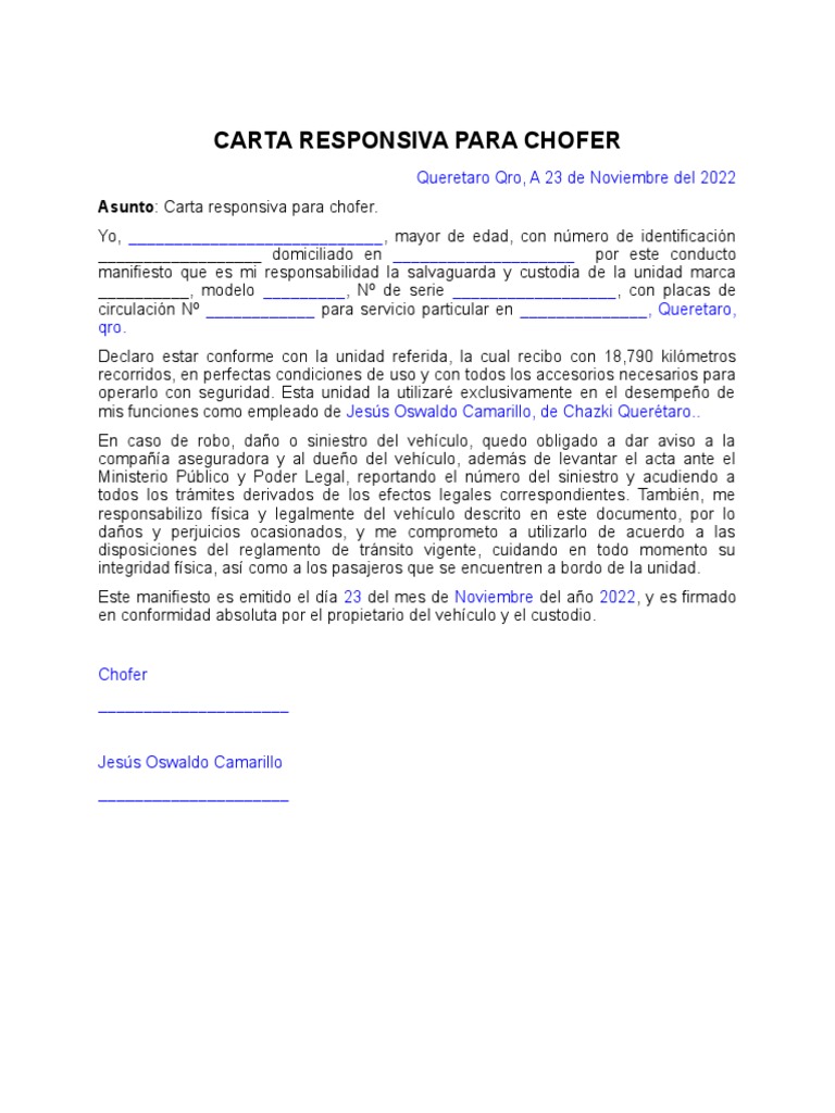 Carta Responsiva para Chofer | PDF