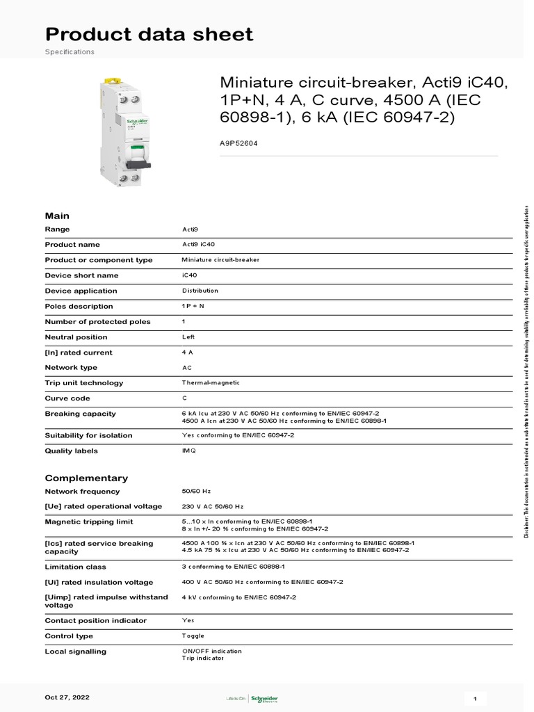 Acti9 Ic40 - A9P52604 | PDF | Alternating Current | Manufactured Goods
