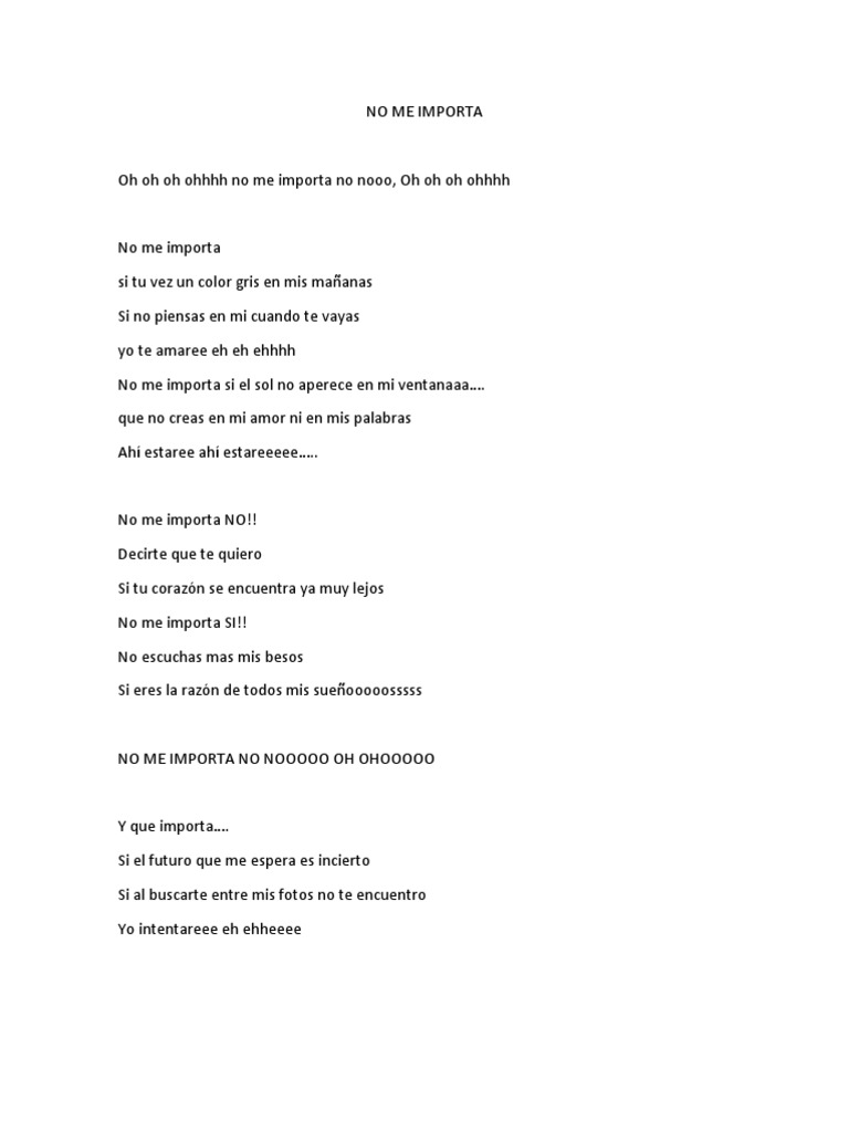 Letra de "No Me Importa" | PDF | Poesía