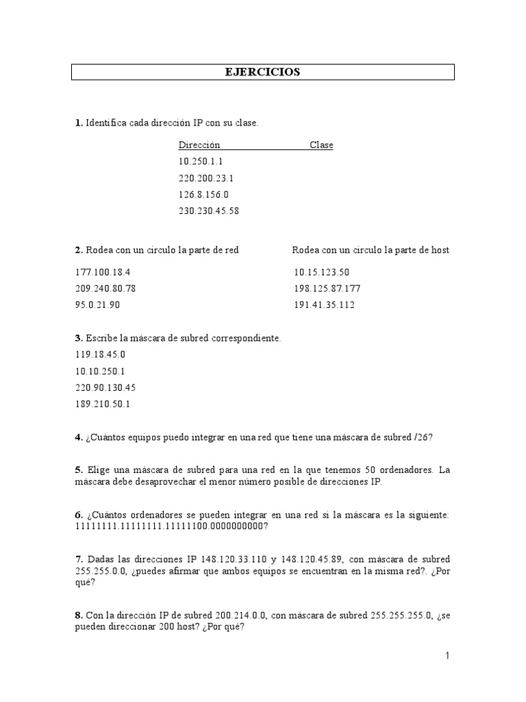EJERCICIOS CAPA RED para Clase | PDF | Dirección IP | Internet