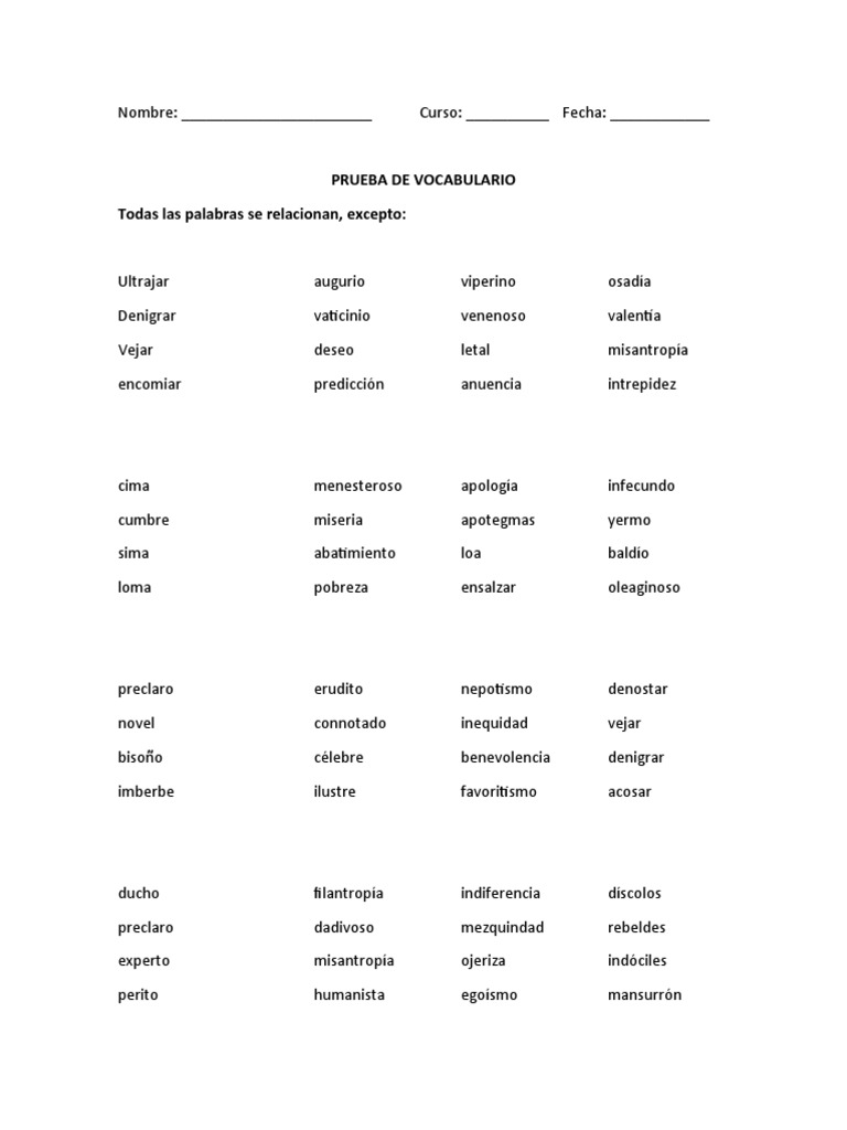 Prueba Vocabulario | PDF