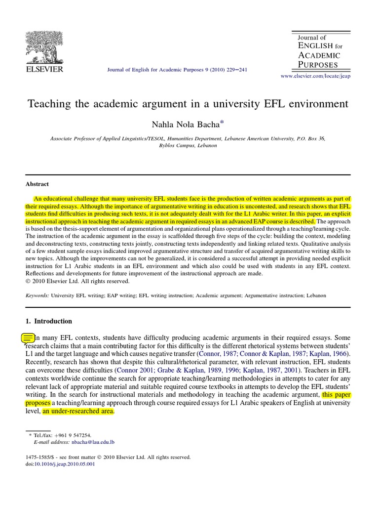 Bacha - 2010 - Teaching The Academic Argument in A University EFL Environment | PDF | Essays ...