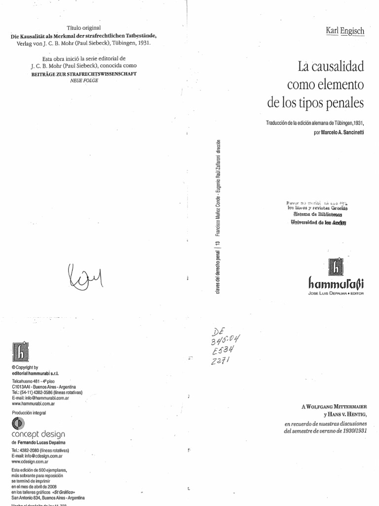 Engisch Karl. La Causalidad Como Elemento de Tipos Penales | PDF