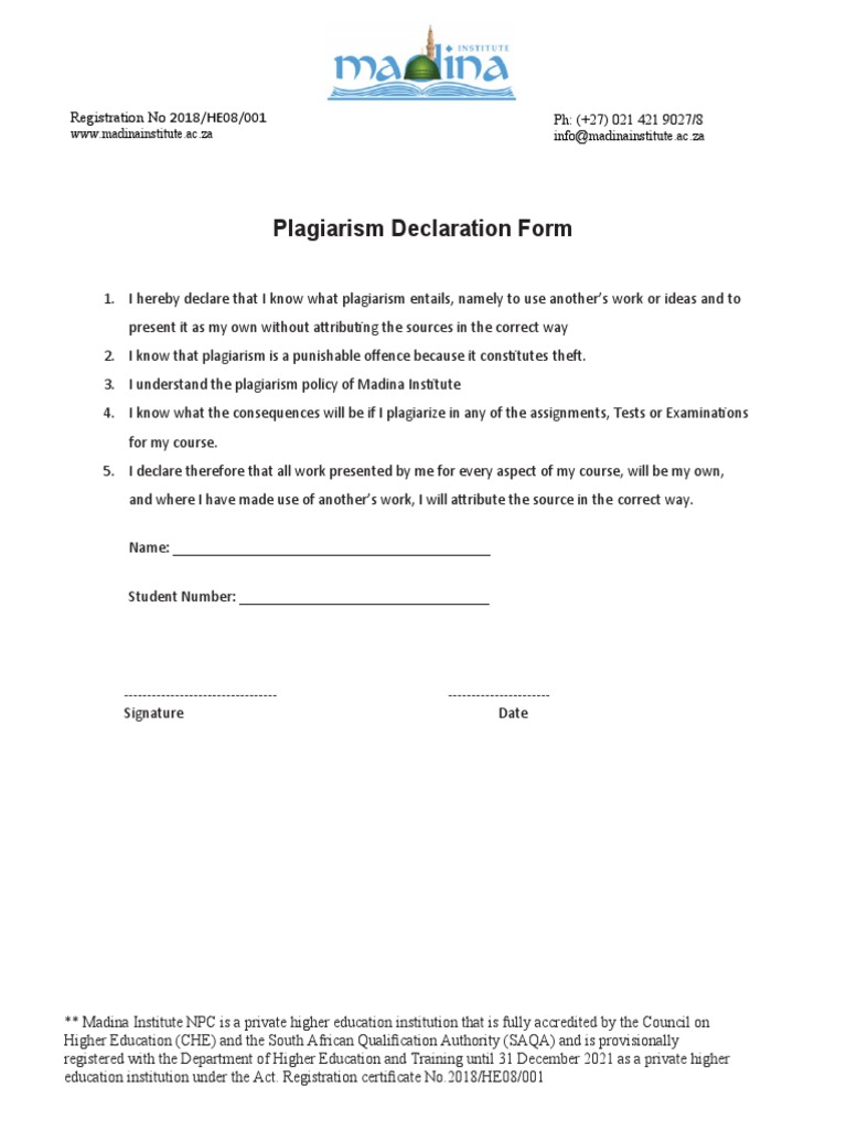 Plagiarism Declaration Form Unedited | PDF