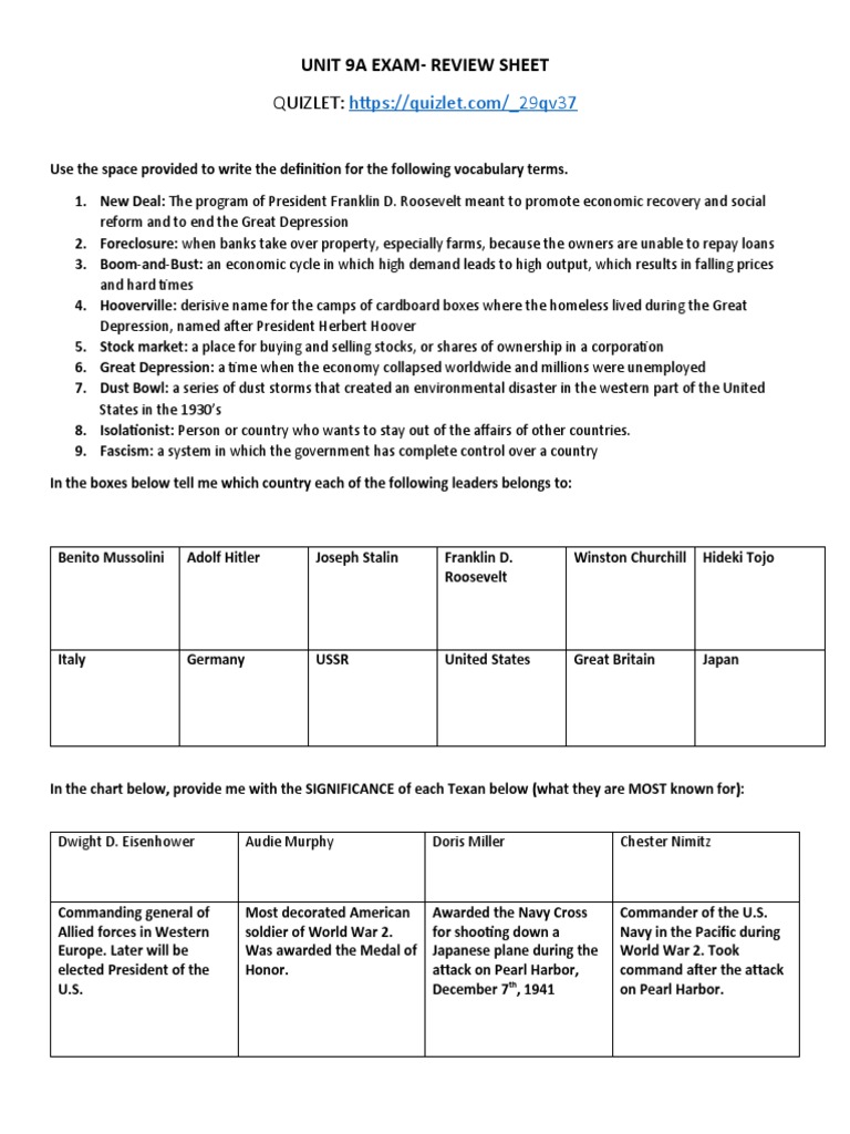 Answer Unit 9A REVIEW SHEET | PDF | New Deal | Franklin D. Roosevelt