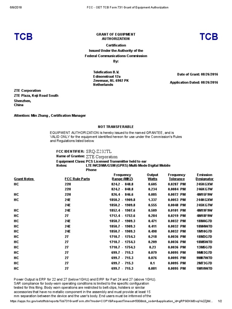 FCC - OET TCB Form 731 Grant of Equipment Authorization2 | PDF ...