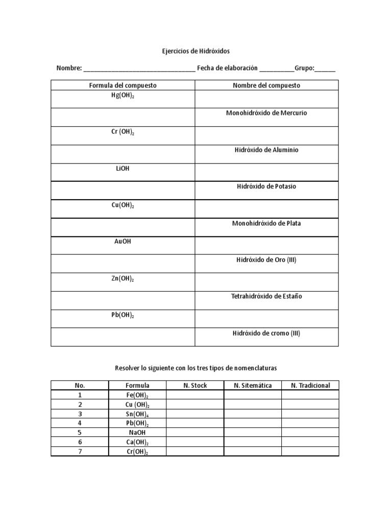Ejercicios de Hidróxidos Alumnos | PDF