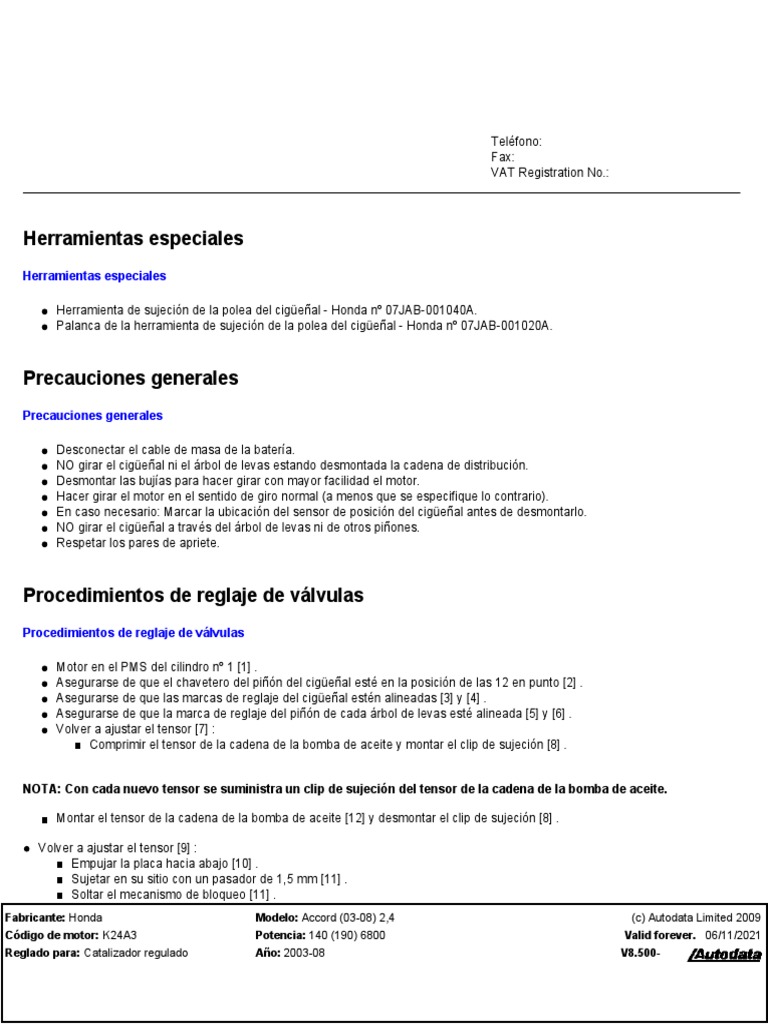 Procedimientos para el reglaje de válvulas del motor Honda Accord 2.4L ...
