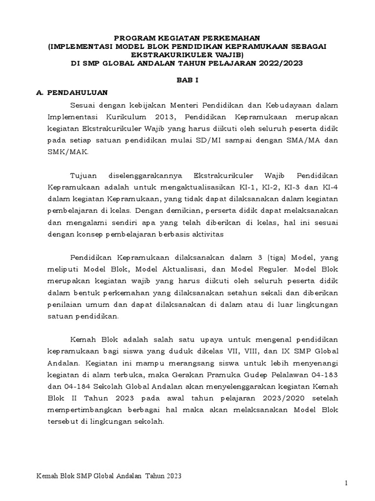 Proposal Kemah Blok SMP Global Andalan Tahun 2023 | PDF
