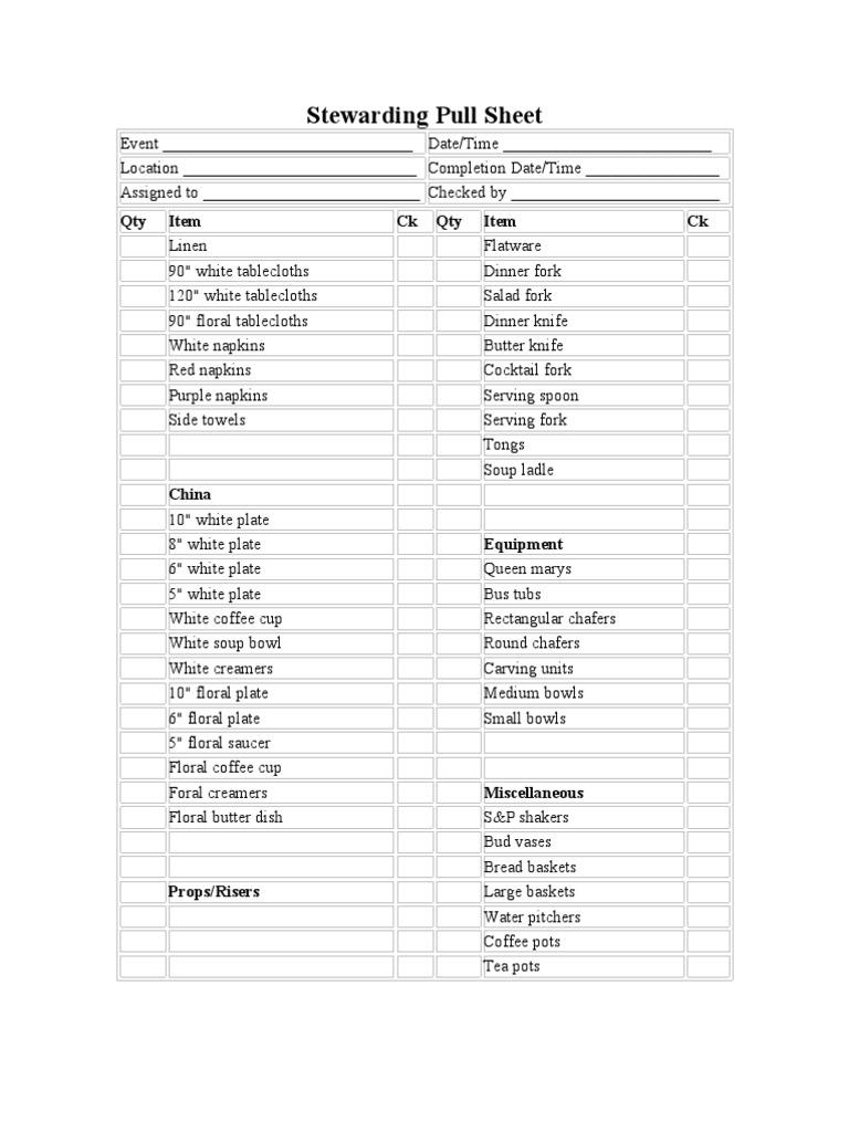 Stewarding Pull Sheet | PDF | Tableware | Eating Behaviors Of Humans