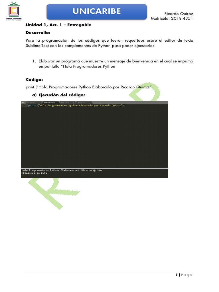 Quiroz-Ricardo-Entregable Act1 | PDF | Python (lenguaje de programación) | Programación de ...