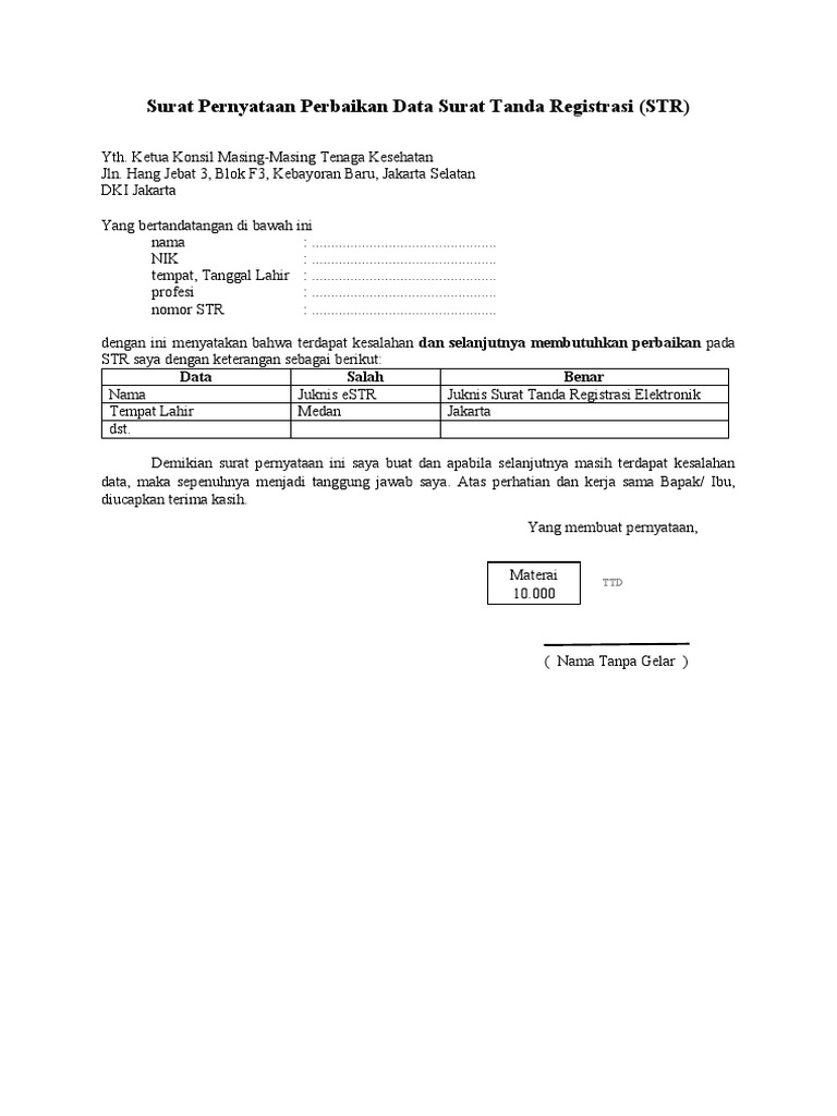 Format Surat Pernyataan Perbaikan Data | PDF
