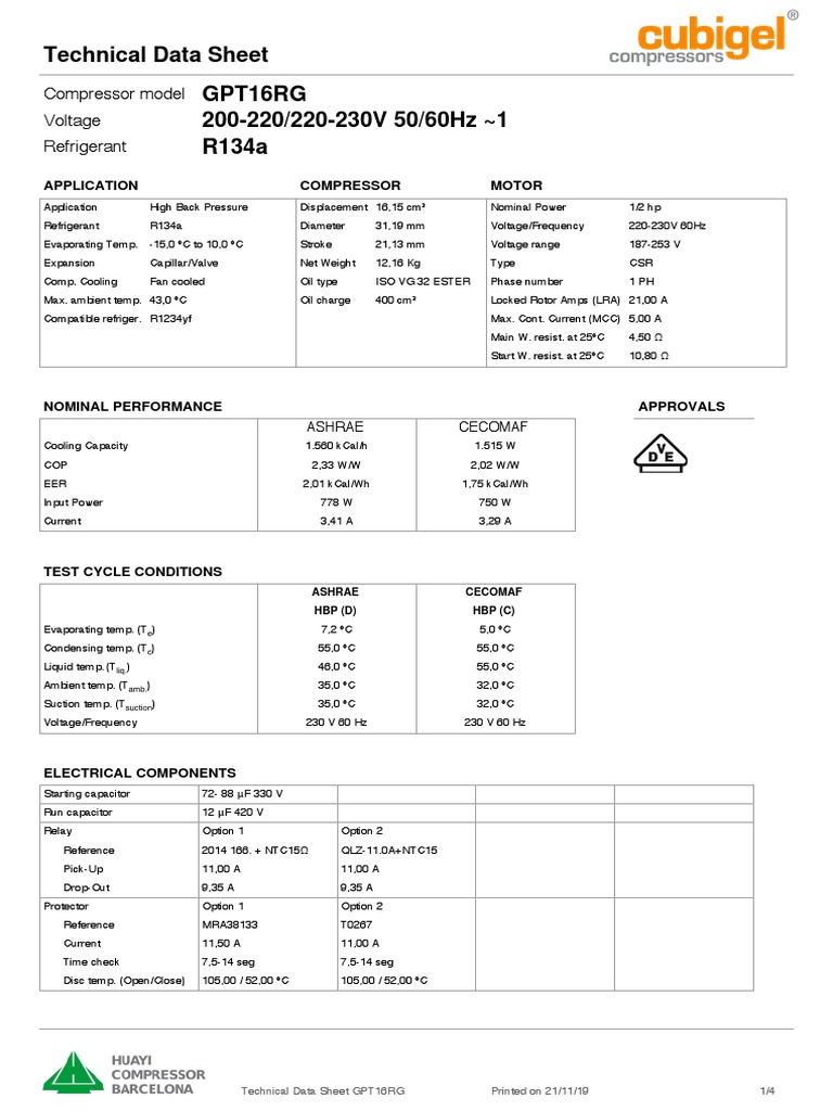 COMPRESOR CUBIGEL GPT16RG - R134a - 230 - 60 | PDF | Equipment ...