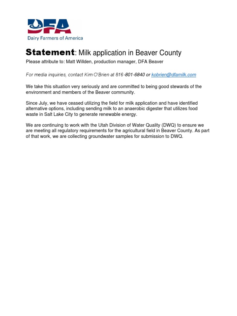 DFA Statement On Milk Application in Beaver County | PDF