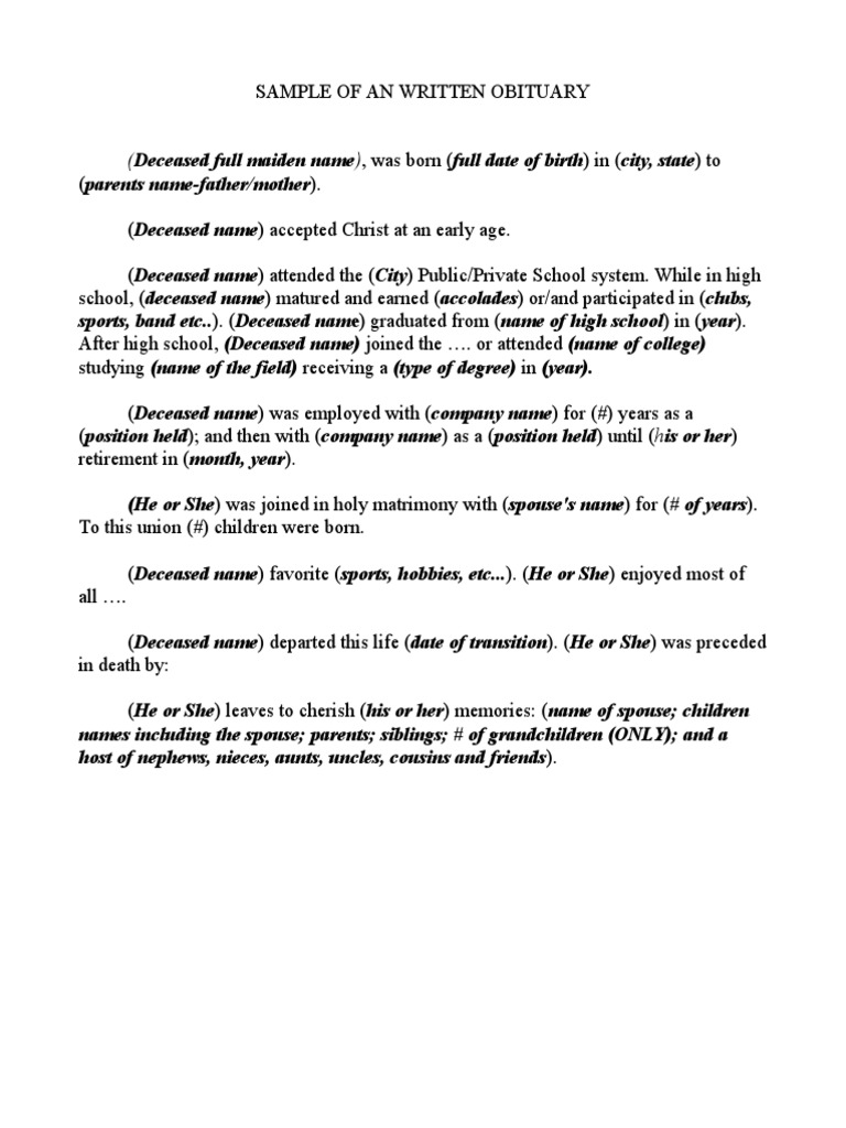 Sample Written Obituary Template | PDF | Sports & Recreation
