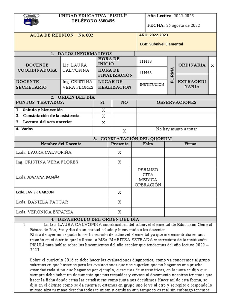 ACTA N002 Subnivel Elemental 25 AGOSTO | PDF