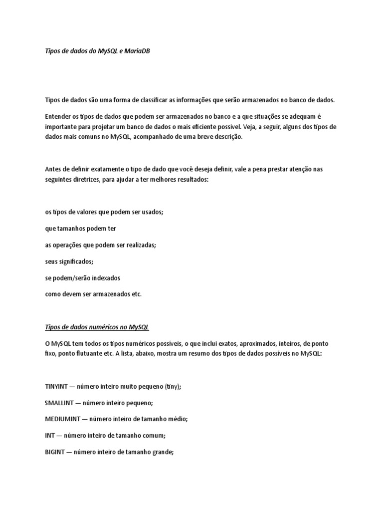 Tipos de Dados Do MySQL e MariaDB | PDF | Dados | String (Ciência da ...
