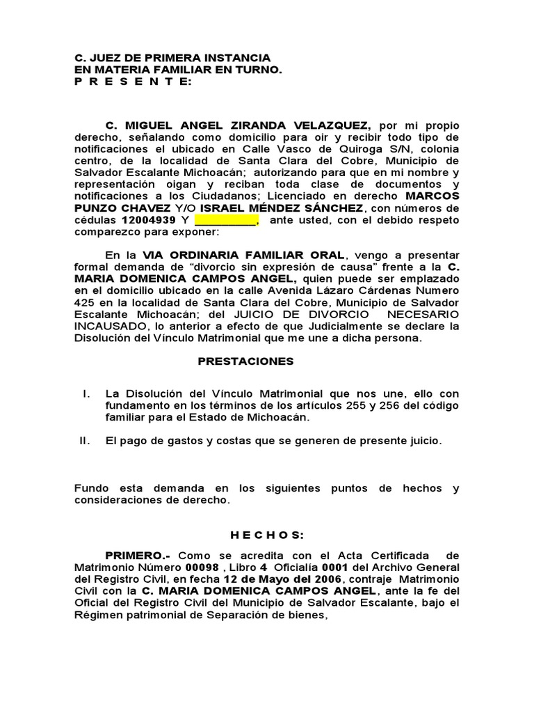 Formato para Juicio de Divorcio Necesario o Incausado | Descargar ...